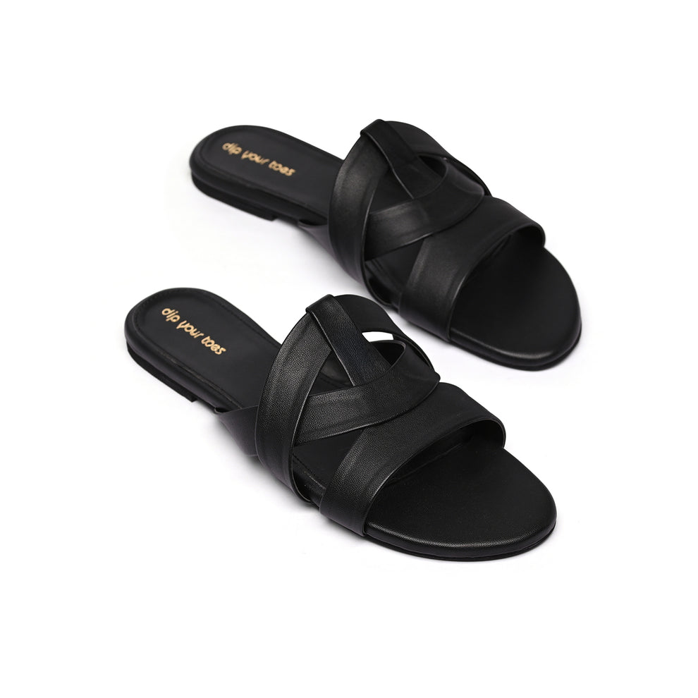 Black Flat Cross-Strap Sandals – Dip Your Toes